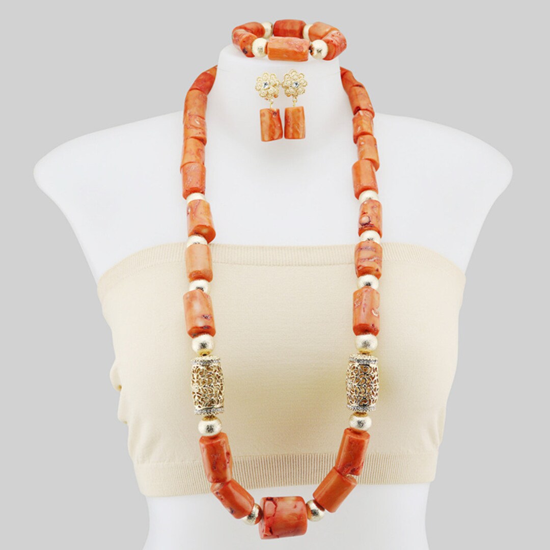 African Bridal Red Coral Beads - Traditional Wedding Beads Set for ...