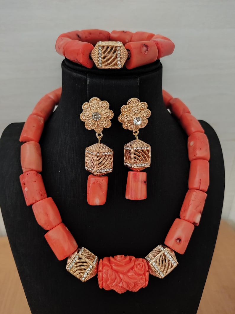 Coral Jewelry Set, Nigerian Wedding Necklace, Bracelet & Earrings ...