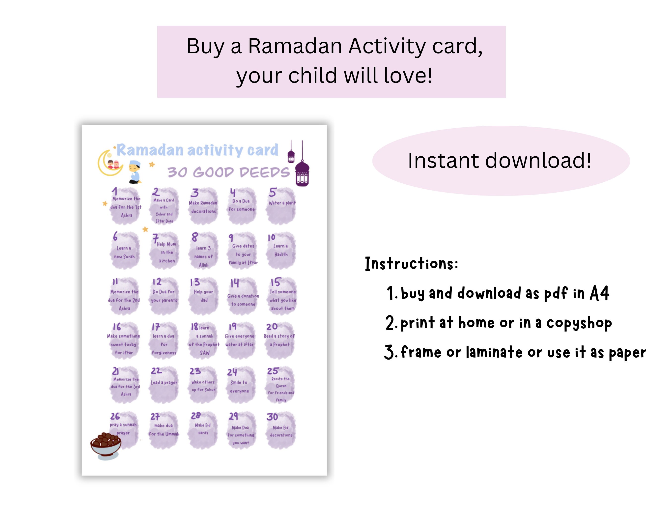 Ramadan Activity Card for Kids, Learn Good Deeds, Print, Instant ...