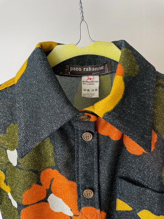 1970's Paco Rabanne lurex dark green floral polo top.… - Gem