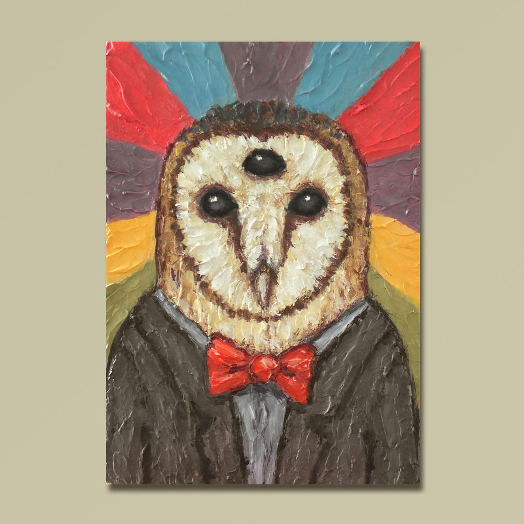 Mr. Owl's Third Eye - Original Tiny Impasto Barn Owl Folk Painting 70s ...