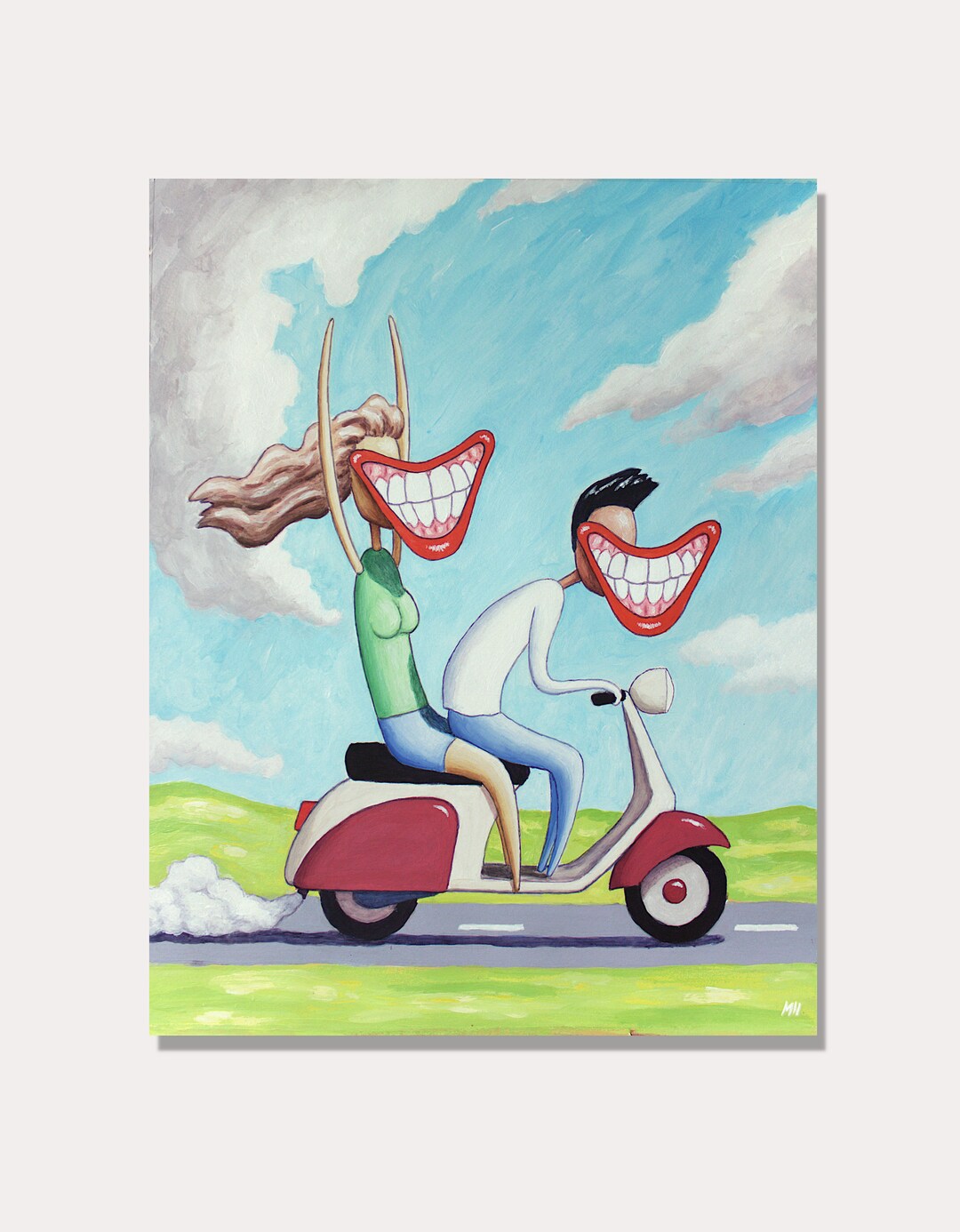 Custom Surreal Figurative Painting: Funny People on Scooter, Acrylic ...