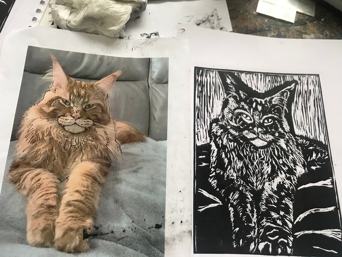 Linoleum Pet Portrait for Pet Lover Custom Dog and Cat | Etsy