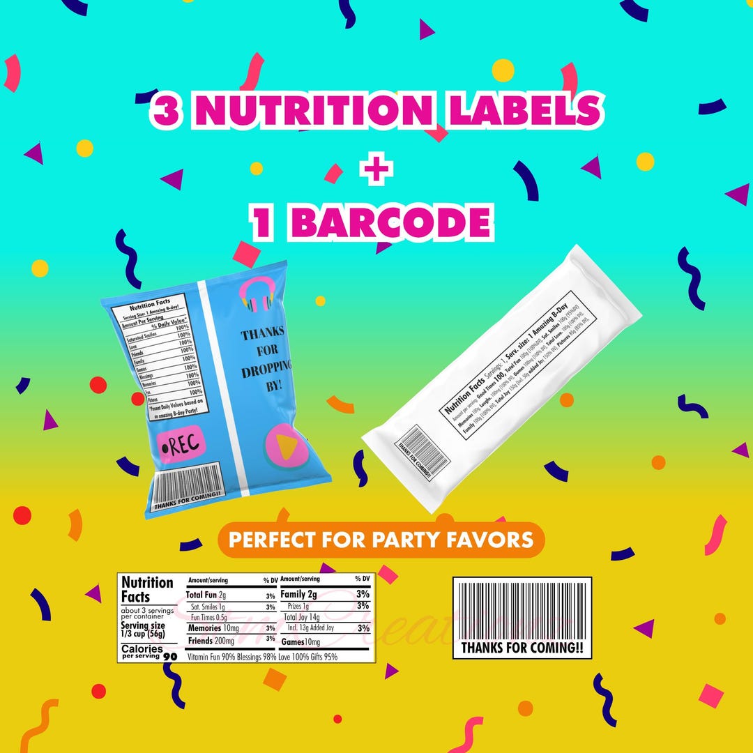 Party Favor Nutrition Label Bundle: DIY Chip Bag, Treat Labels (PNG ...