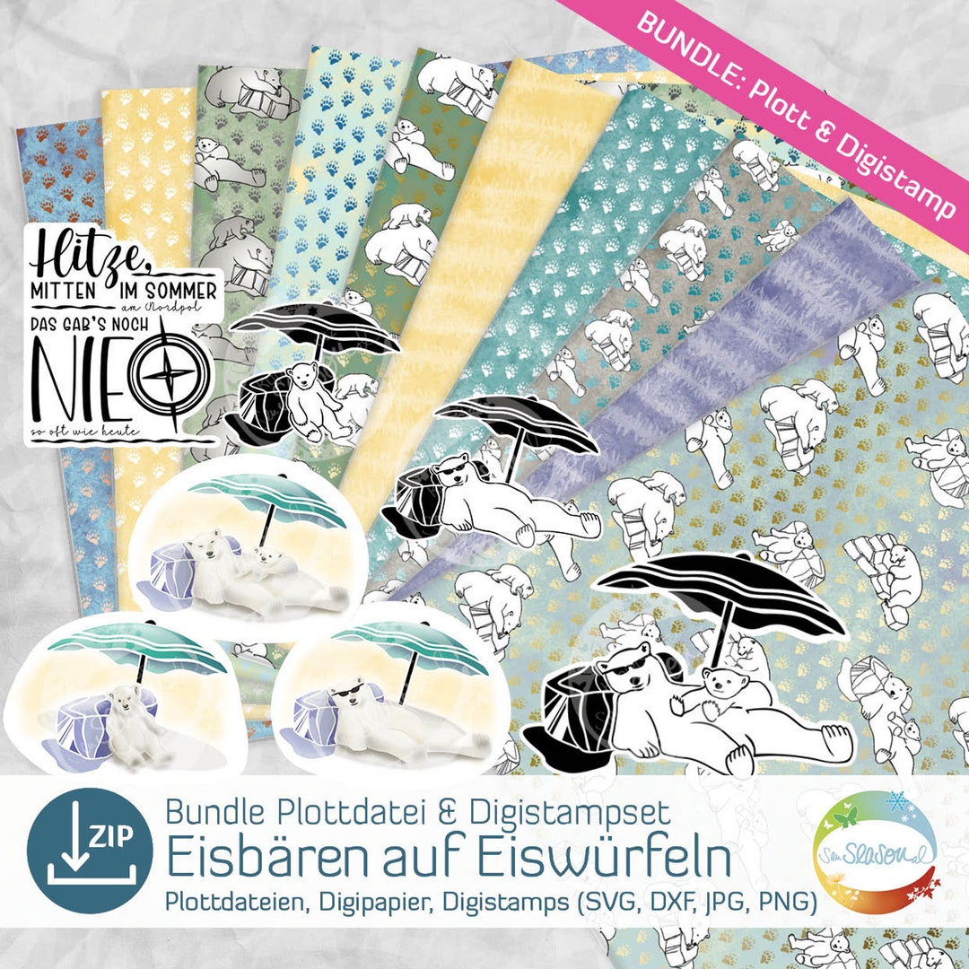Bundle Polar Bear on Ice Cubes, Digistamp Set and Plot File, Large ...