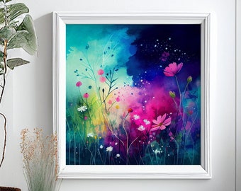 Abstract Wildflower Meadow Painting, Colourful Botanical Art Prints ...
