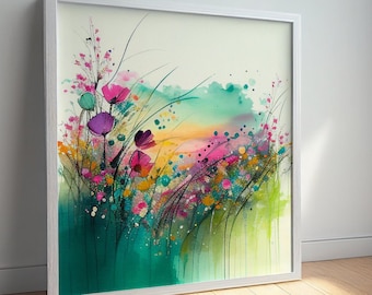 Abstract Wildflower Meadow Painting, Colourful Vibrant Botanical Art ...