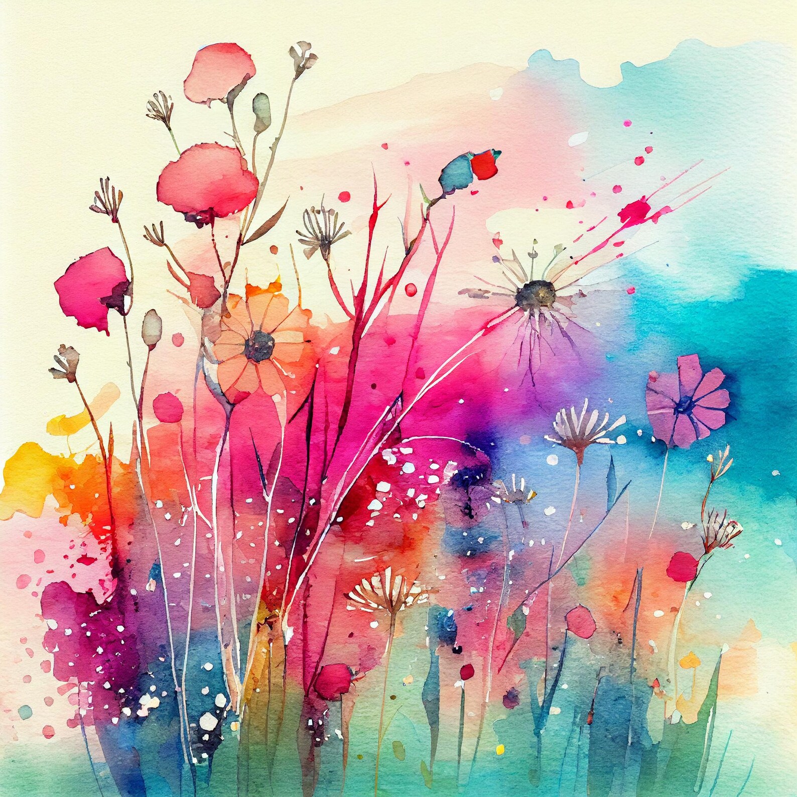 Abstract Wildflower Meadow Painting – Colorful Botanical Floral Wall ...