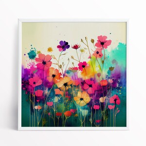 Abstract Wildflower Meadow Painting, Colourful Tulips Botanical Art Prints, Wild Flower Art ...