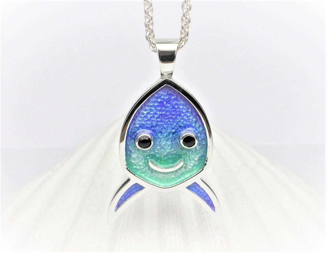 Sterling Silver 925 Patina Blue and Green, Enamel and Onyx Happy Fish ...