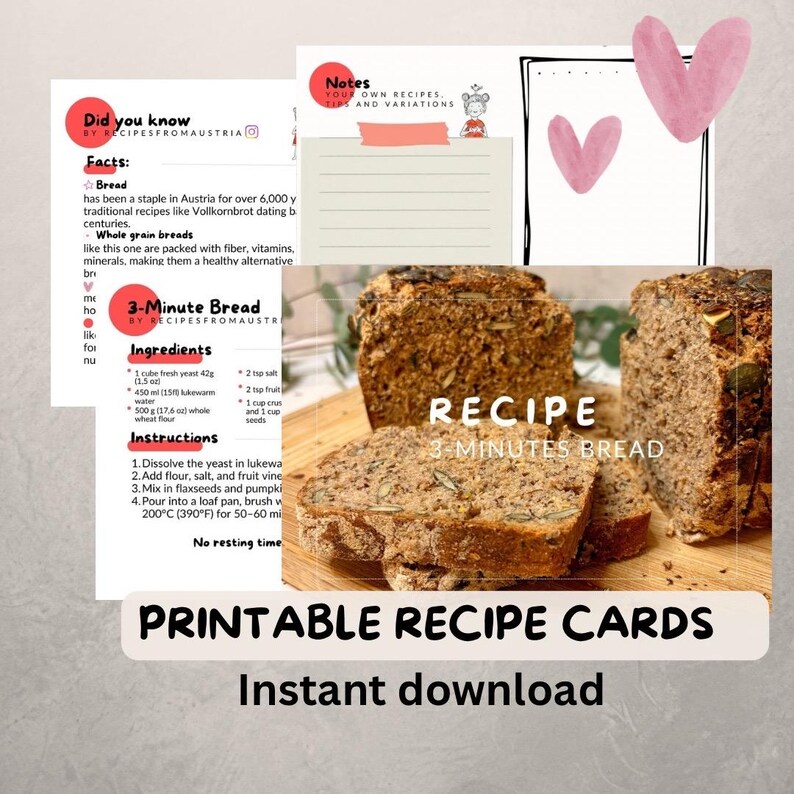 Printable Bread Recipe Cards – Whole Grain Recipe, Easy and Fast Bread ...