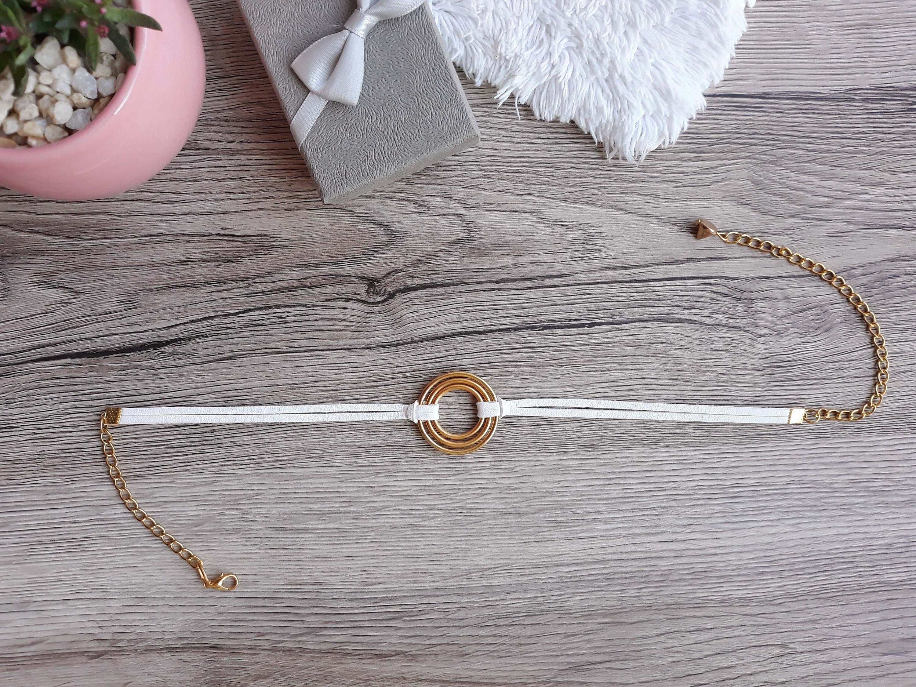 White Leather Choker With Triple Gold Hoops. Unique Street Style ...