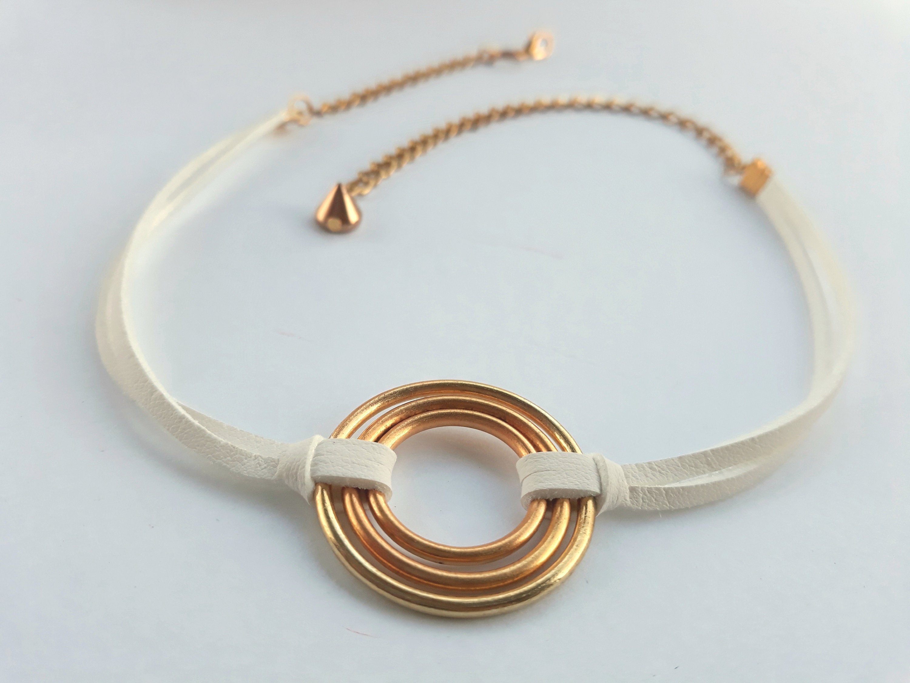 White Leather Choker With Triple Gold Hoops. Unique Street Style ...