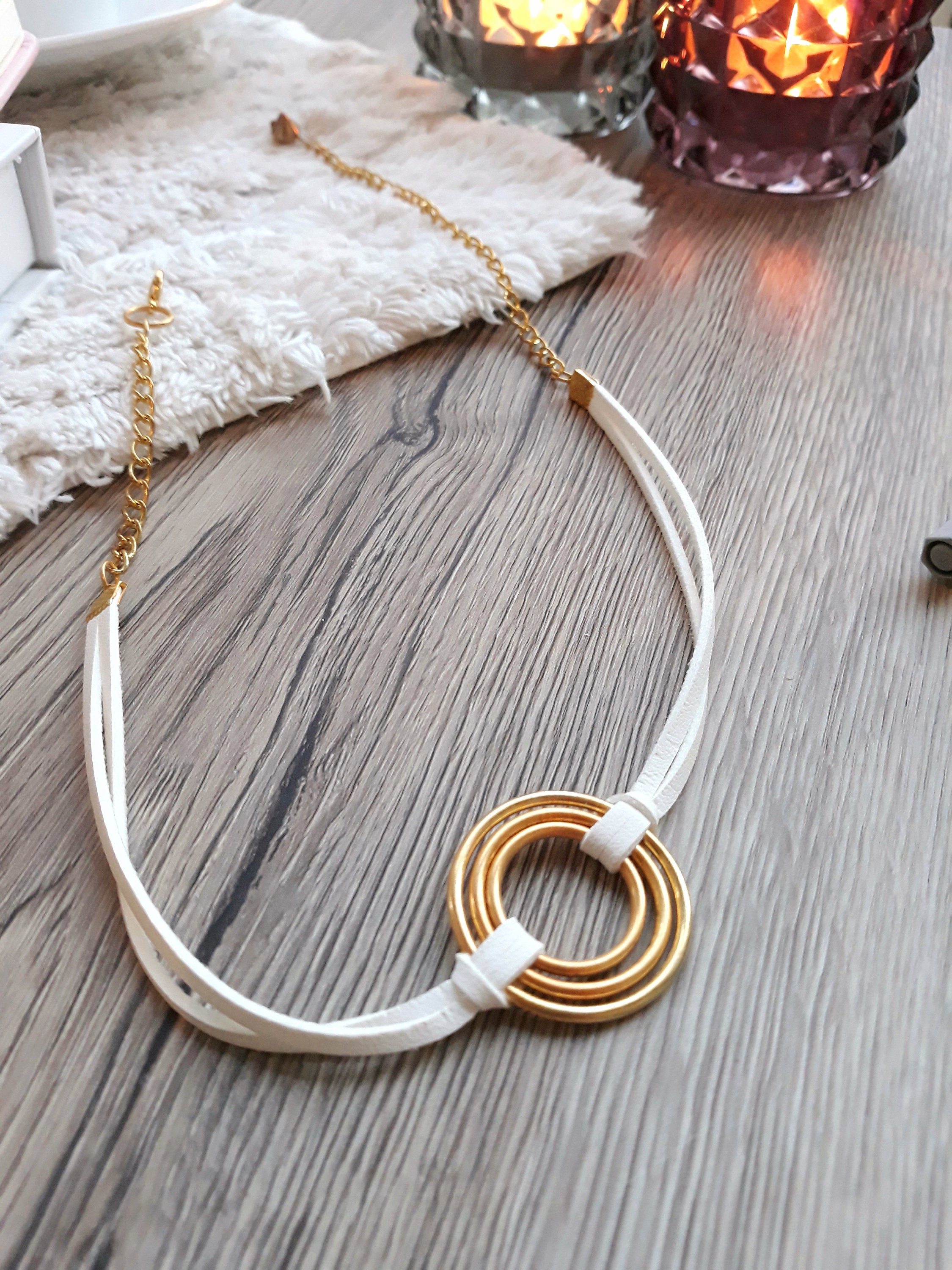 White Leather Choker With Triple Gold Hoops. Unique Street Style ...