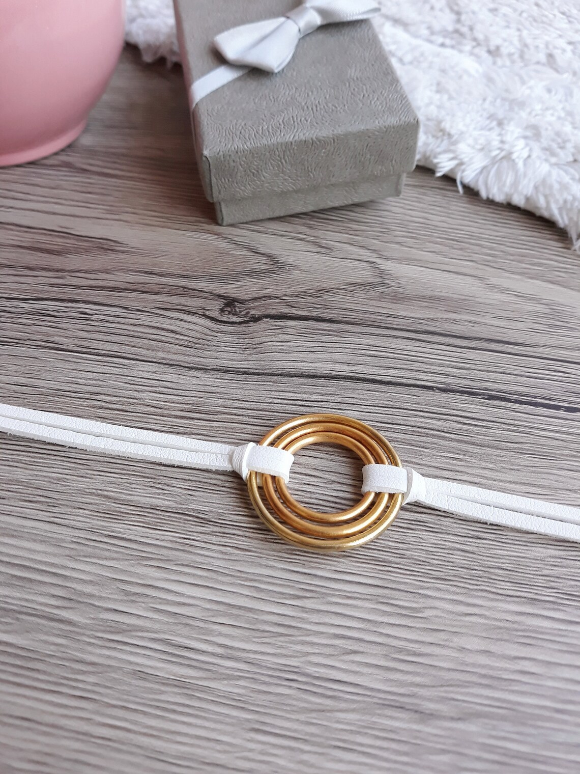 White Leather Choker With Triple Gold Hoops. Unique Street Style ...