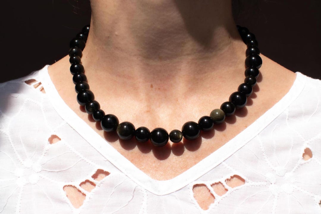 Necklace Made of Natural Stone Golden Obsidian Beads With 18K Gold ...