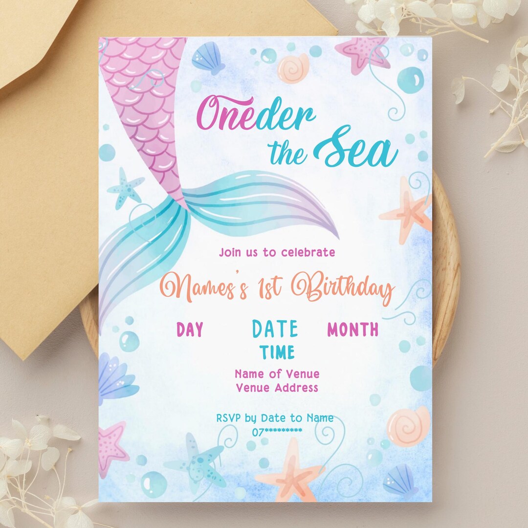 Mermaid 1st Birthday Invitation || Digital Instant Download, Girl ...