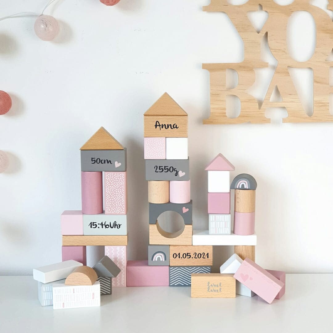 Gift Birth, 50 Wooden Building Blocks - Pink Personalized With Storage ...