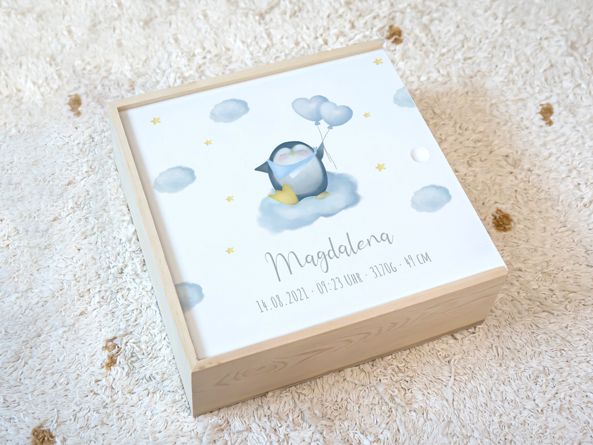 Memory Box Baby Penguin Heart Balloon - Boy, Memory Box Birth, Wooden ...