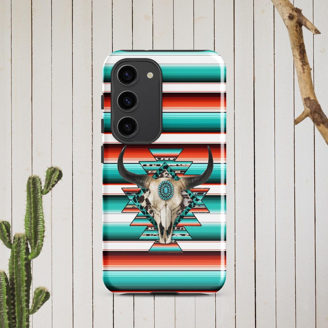 Cow Skull Western Aztec Serape Boho Print Phone Case, Western Samsung Case Samsung Galaxy S23 ...