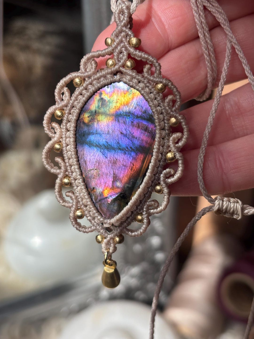 Purple Labradorite Spectrolite. Beige Macrame Pendant Necklace. Unisex ...