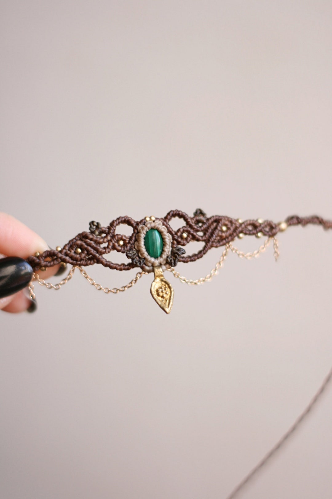 Malachite Leafy Tiara or Choker. Brass Beads. Macrame Crystal Charms ...