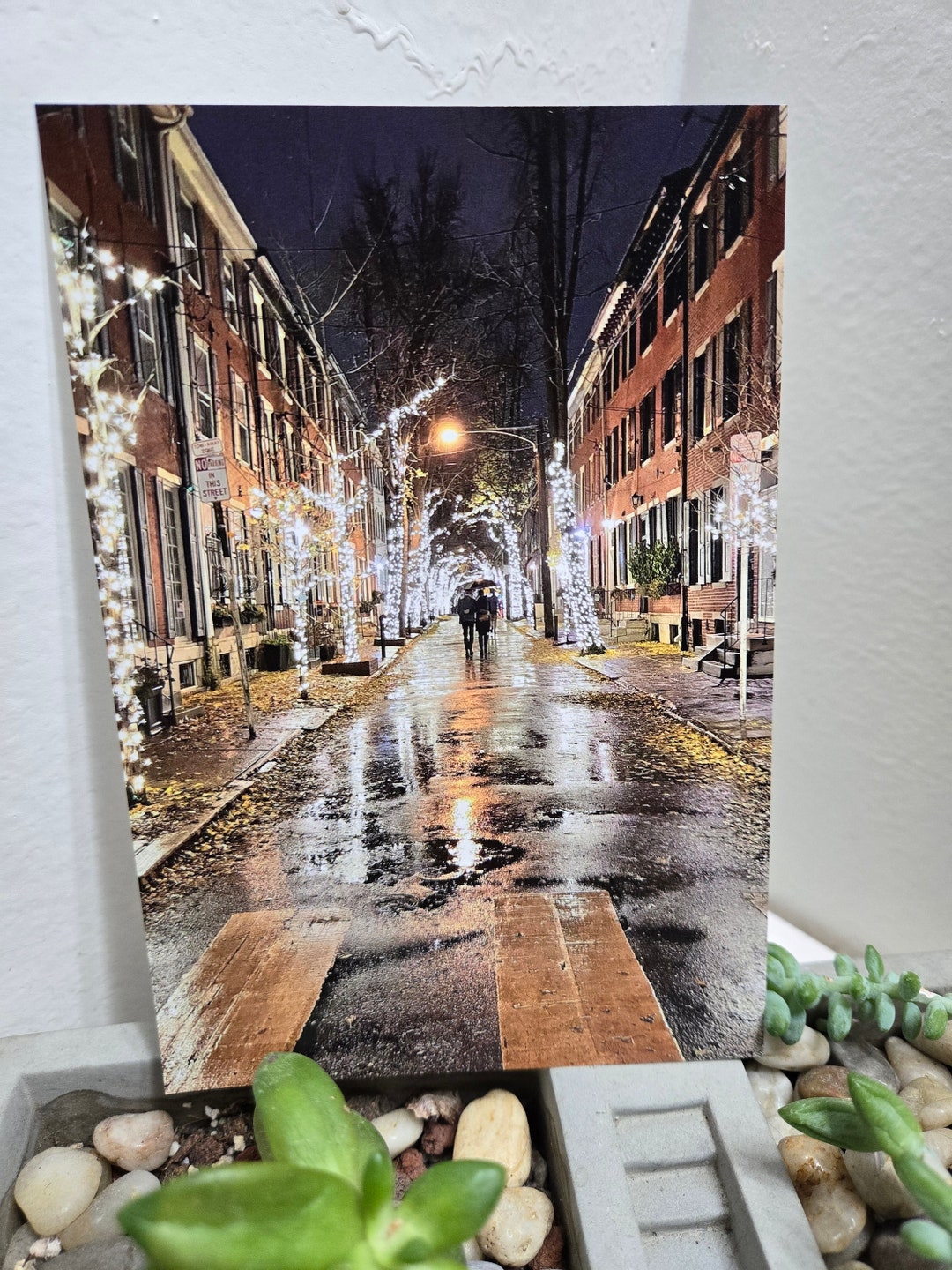 Philadelphia Street/ Rainy Night/ People With Umbrella/ Brownstones ...