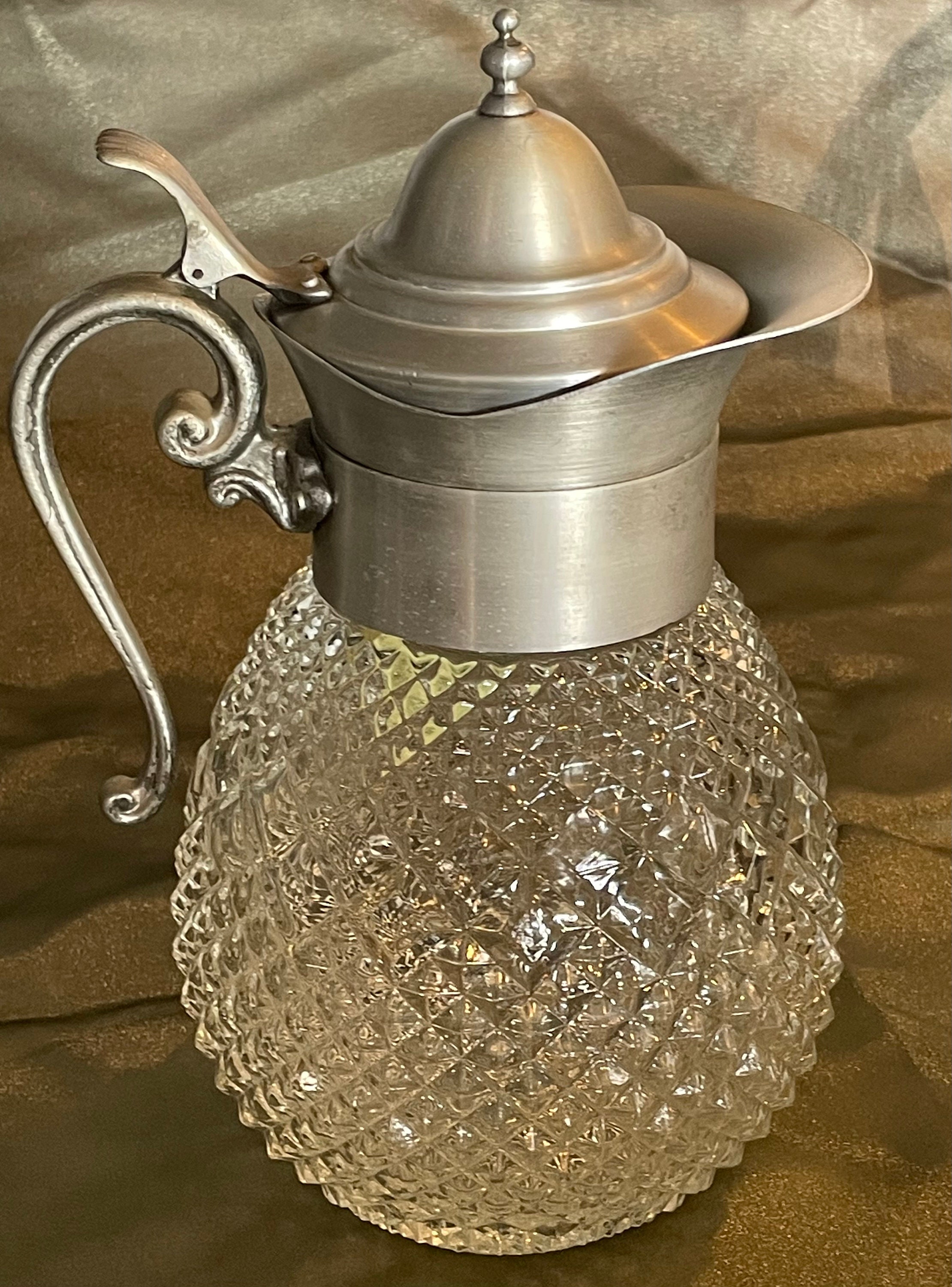 Vintage Diamond Cut Glass Pitcher Pewter Handle and Spout - Etsy