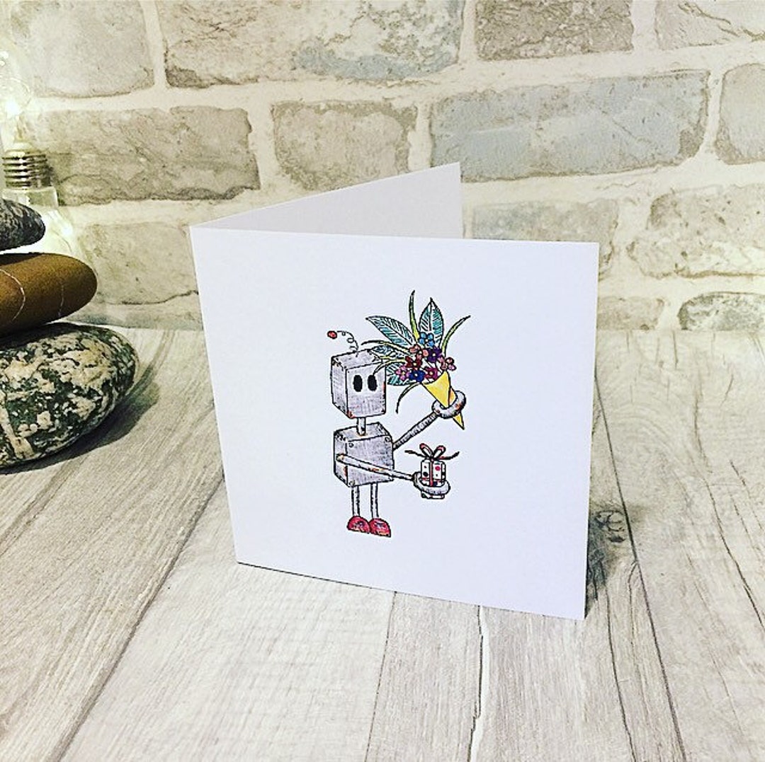 Cute Robot Handmade Card - Blank Inside - Illylarlar Design - Etsy