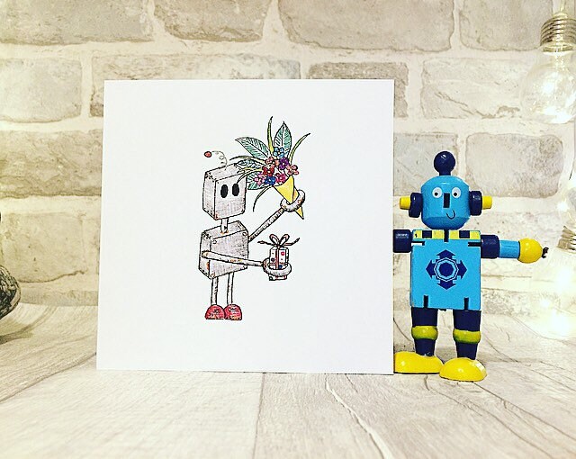 Cute Robot Handmade Card Blank Inside Illylarlar Design | Etsy