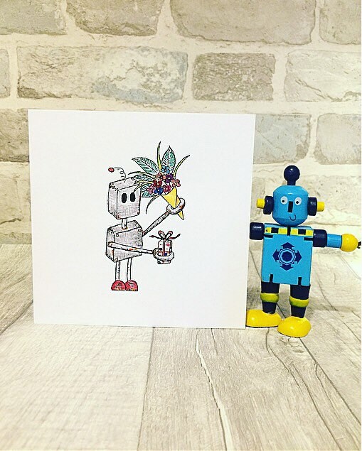 Cute Robot Handmade Card Blank Inside Illylarlar Design | Etsy