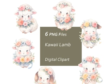 Cute Lamb Clipart, Digital Download, Floral Sheep PNG, Kawaii Animal ...