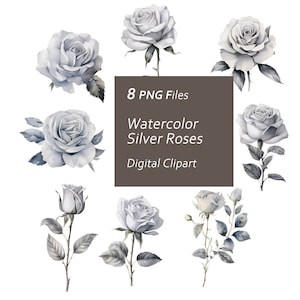Watercolor Silver Roses Clipart Set - Silver Blooms - Silver Floral ...