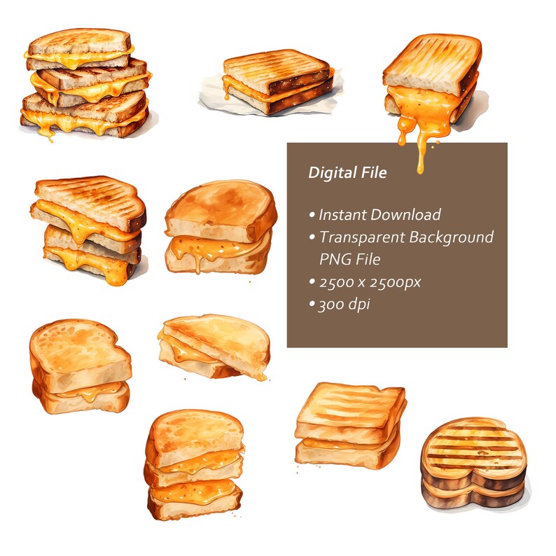 Watercolor Grilled Cheese Clipart Set - Whimsical Comfort Food Clipart ...
