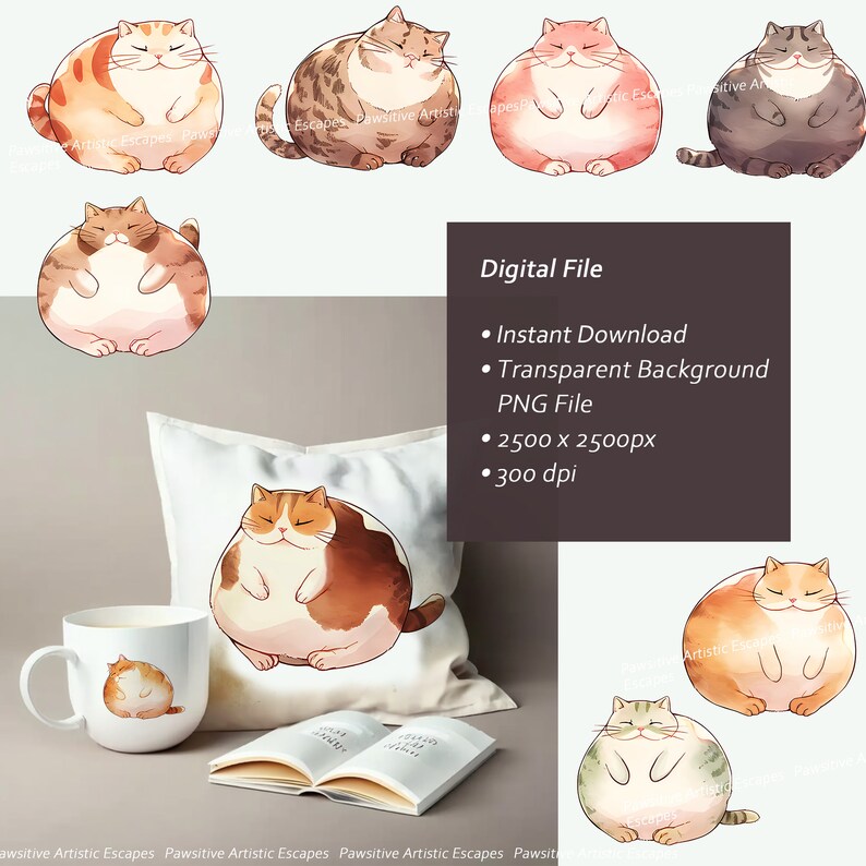 Watercolor Chubby Cat Clipart Set – Printable PNG Images (commercial ...