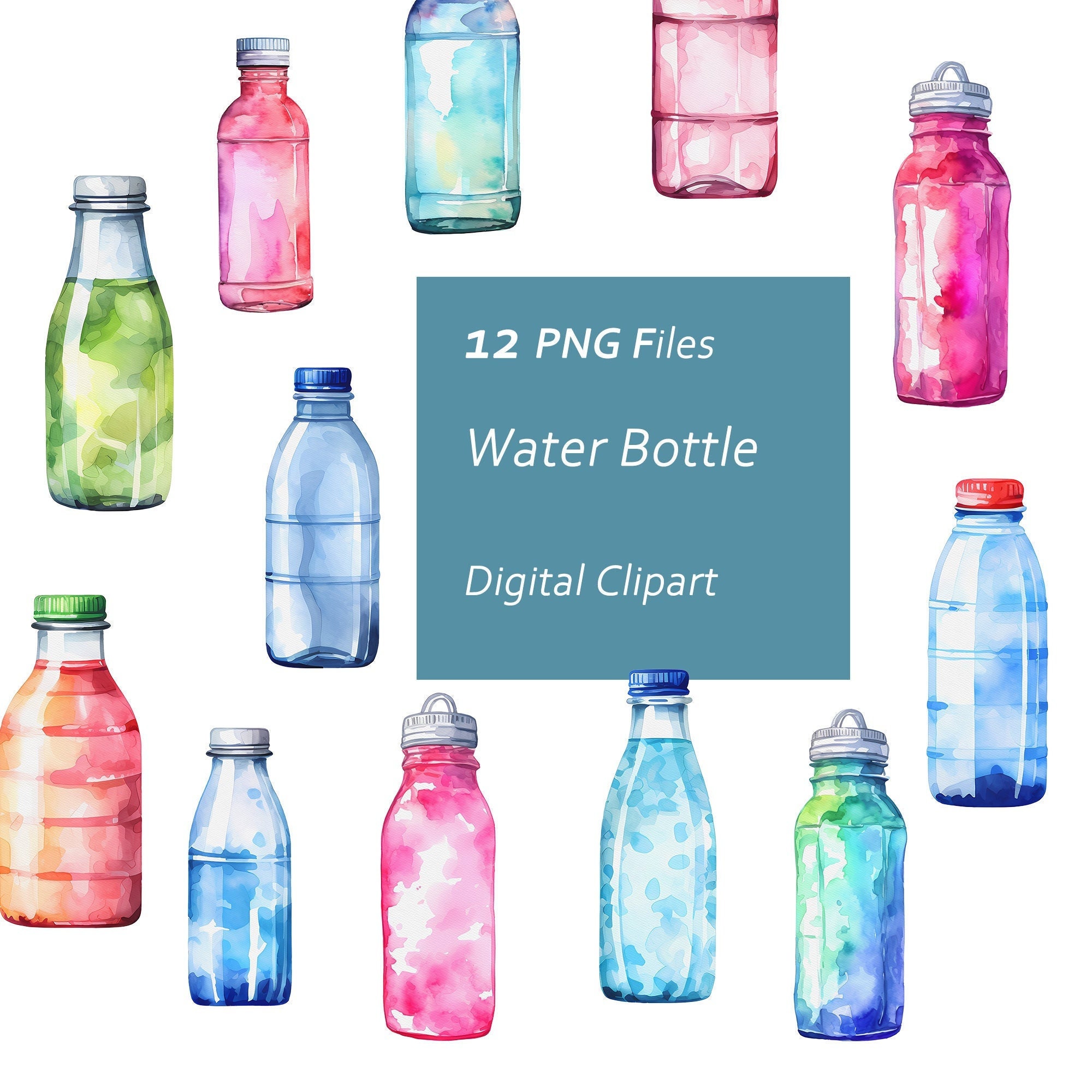Watercolor Water Bottle Clipart Set - Drink Clipart - Colorful Prints ...