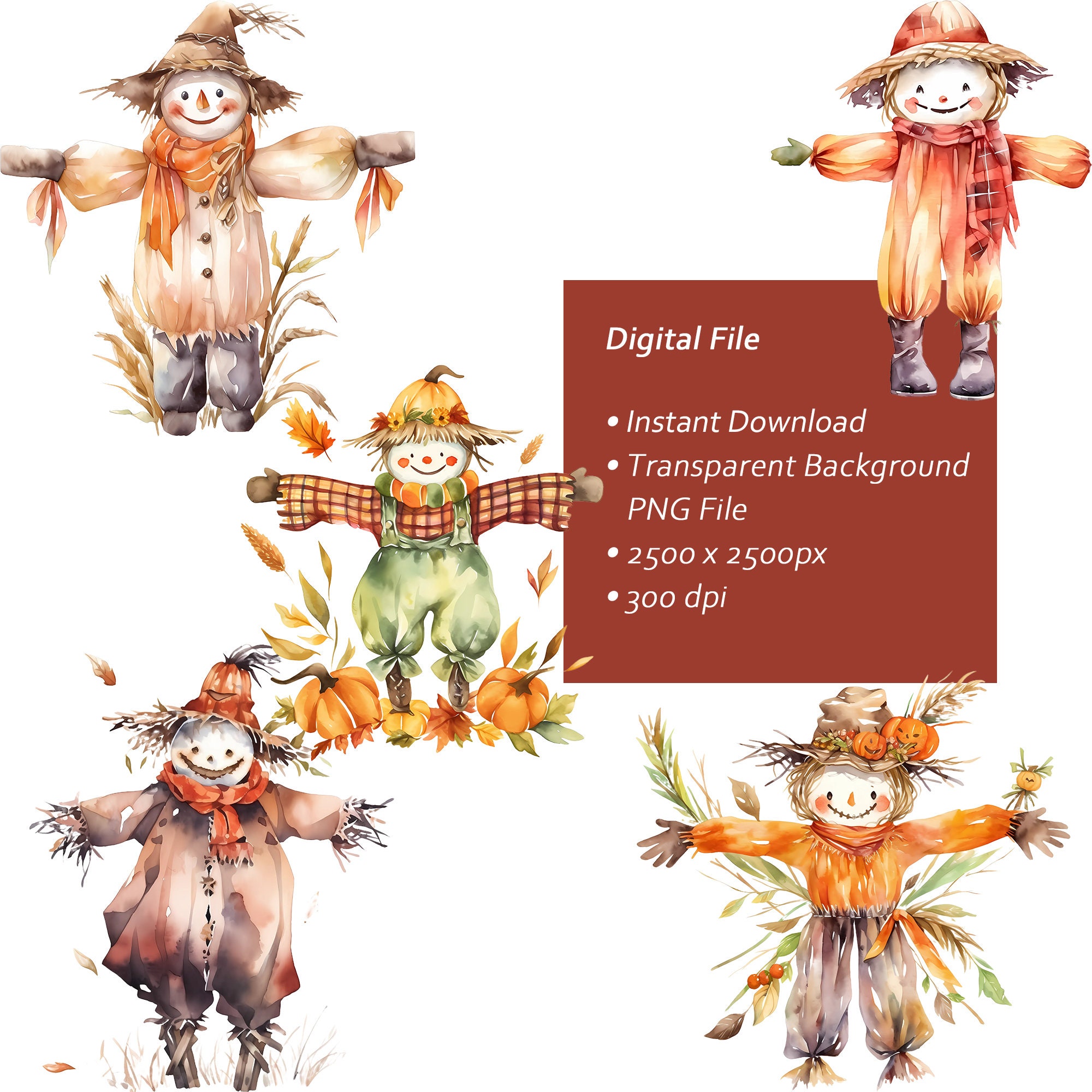 Watercolor Fall Scarecrow Clipart Set - Scarecrow Graphics - Whimsical ...