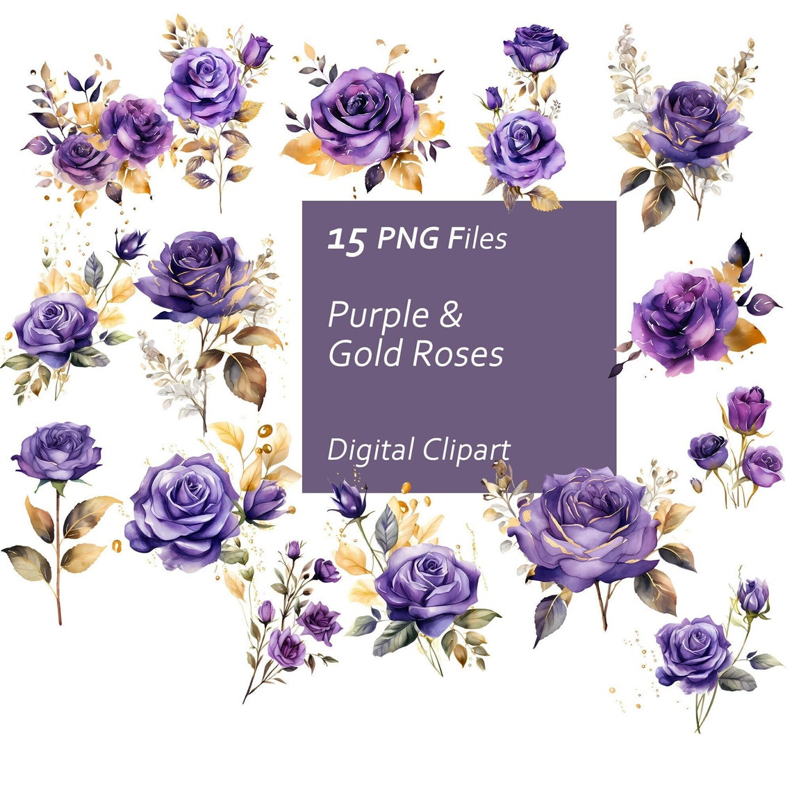 Purple and Gold Roses Clipart Set - Purple Gold Flowers - Whimsical Art ...