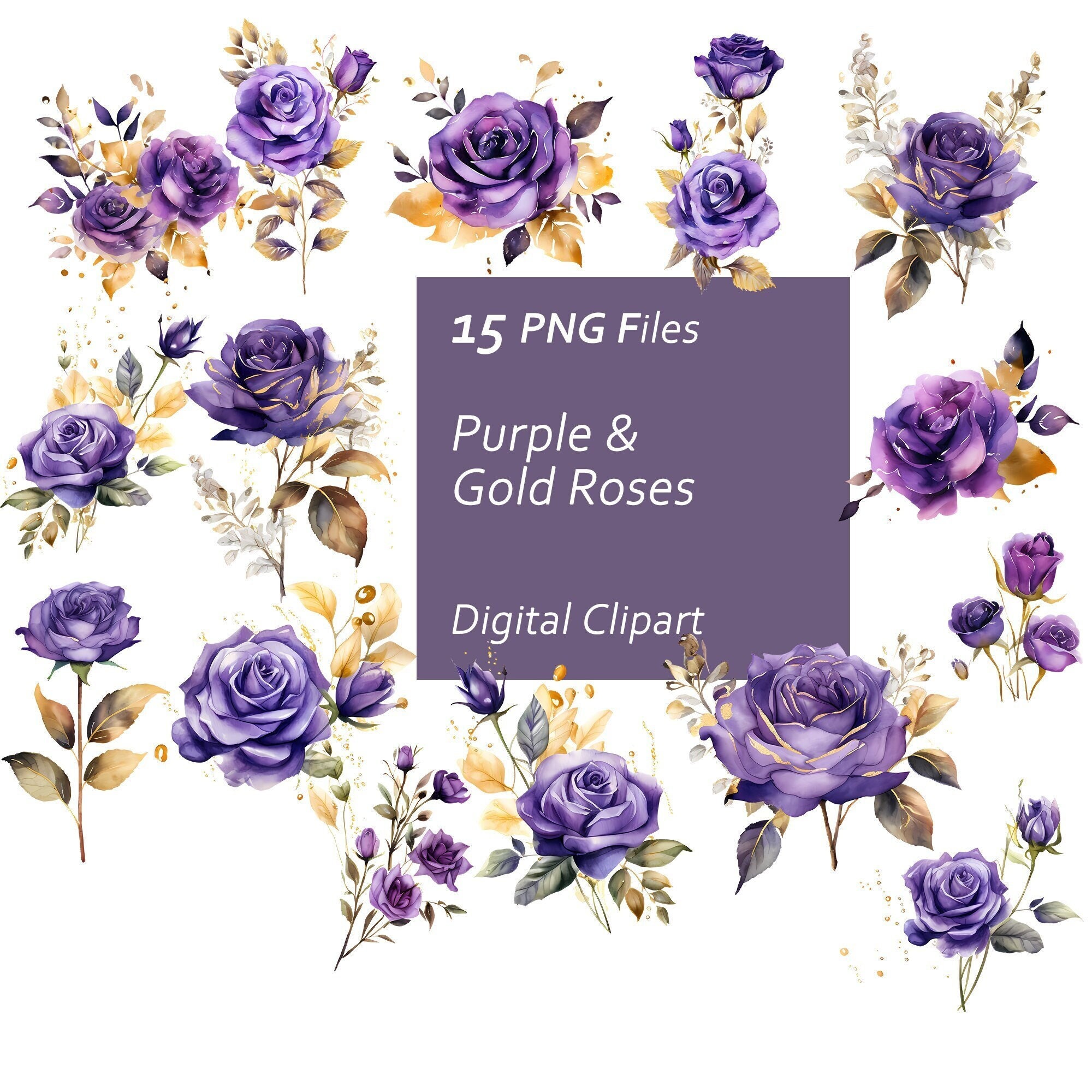 Purple and Gold Roses Clipart Set - Purple Gold Flowers - Whimsical Art ...