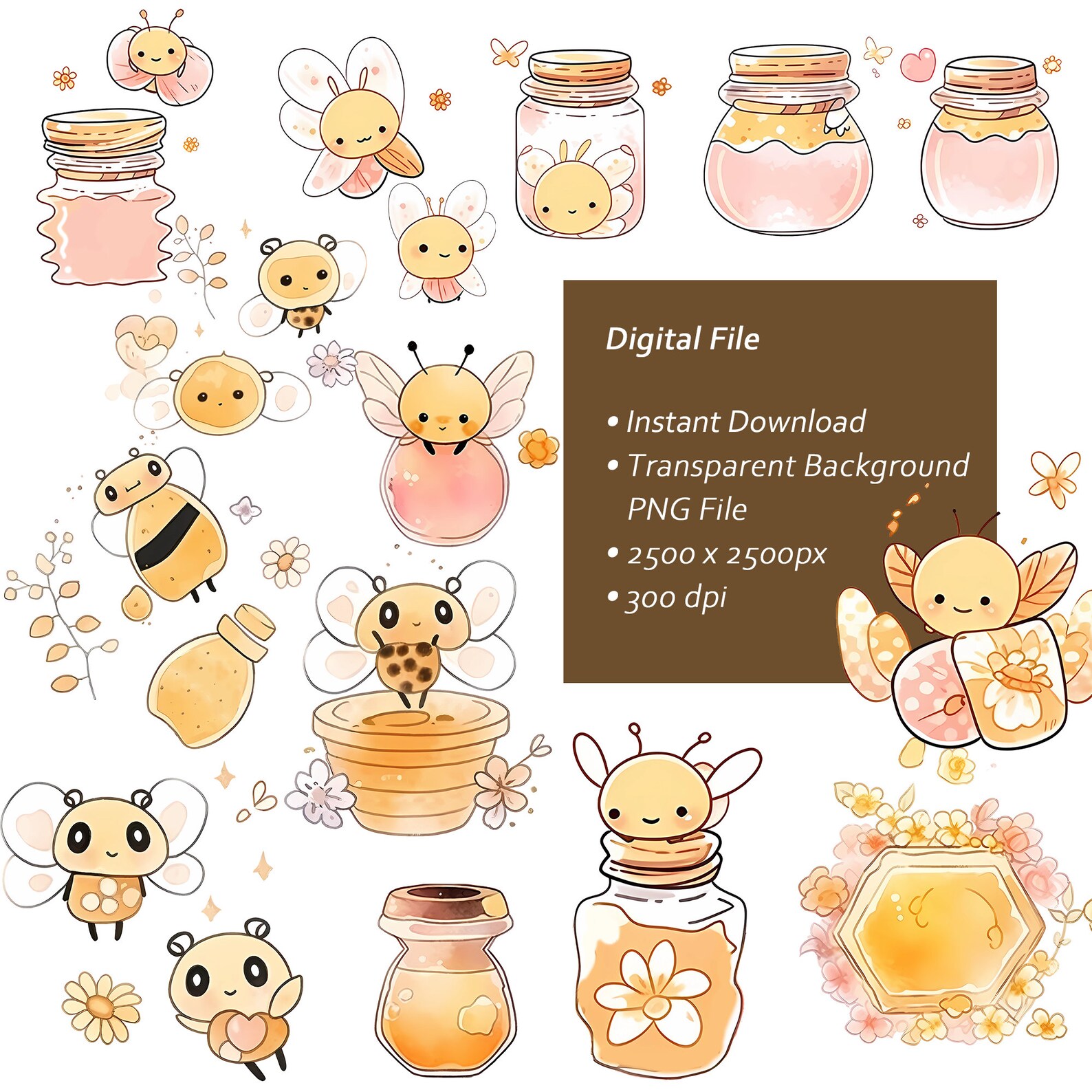 Kawaii Honey Bee Watercolor Clipart Set – Commercial Use PNG (instant ...