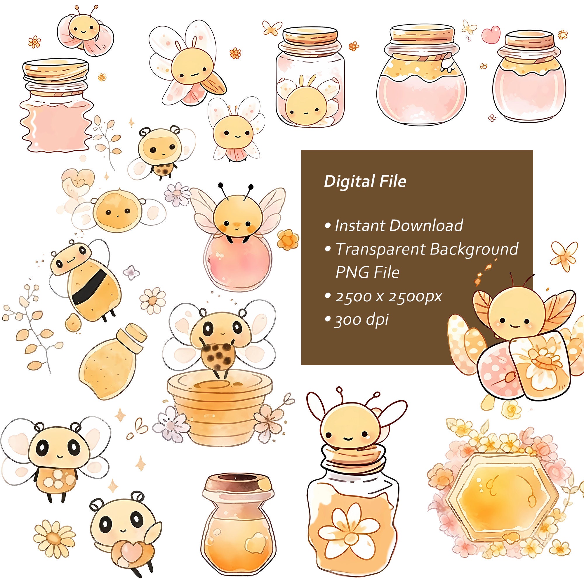 Kawaii Honey Bee Watercolor Clipart Set - Whimsical Bees - Sweet Bees ...