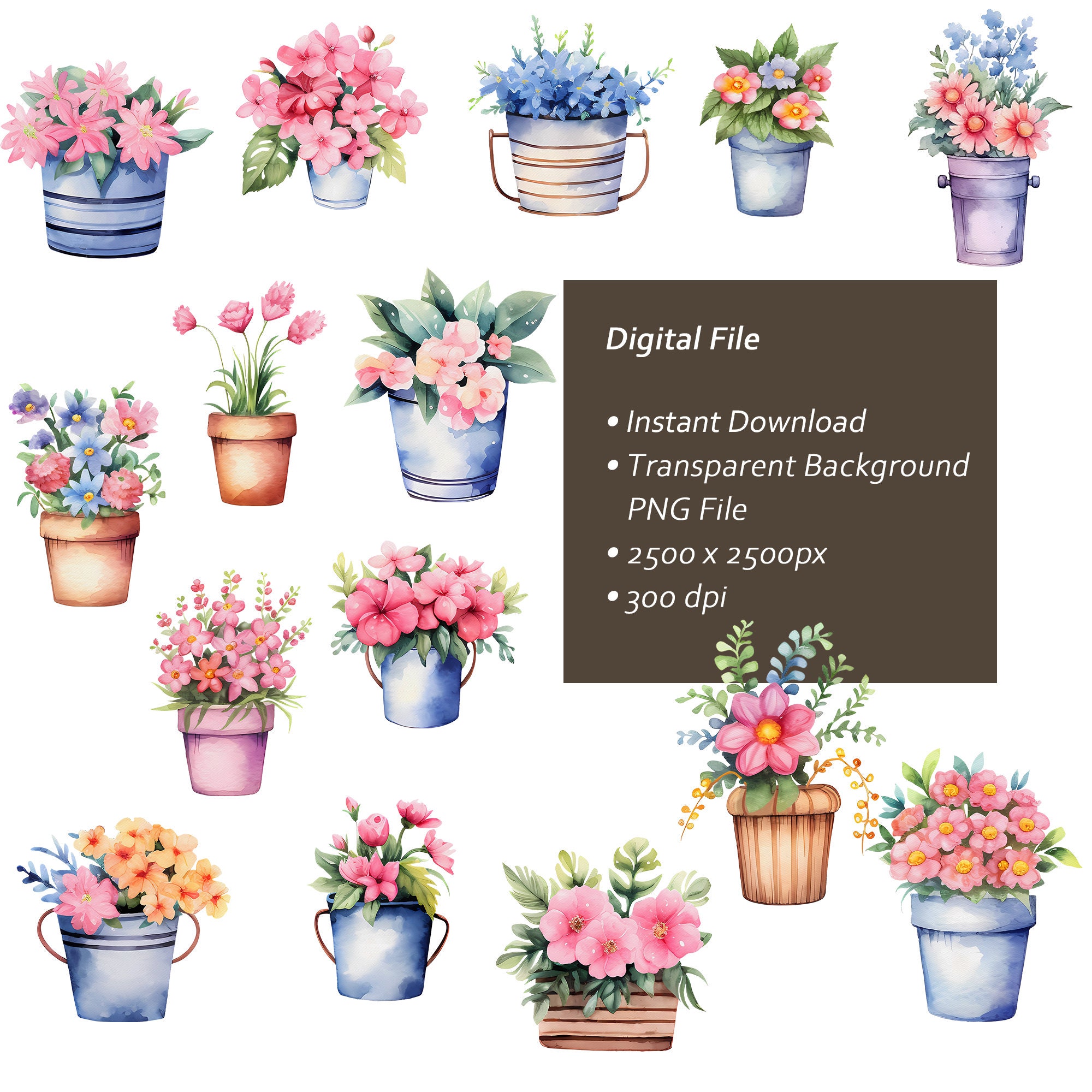 Watercolor Flower Bucket Clipart Set - Floral Graphics - Flower Bouquet ...