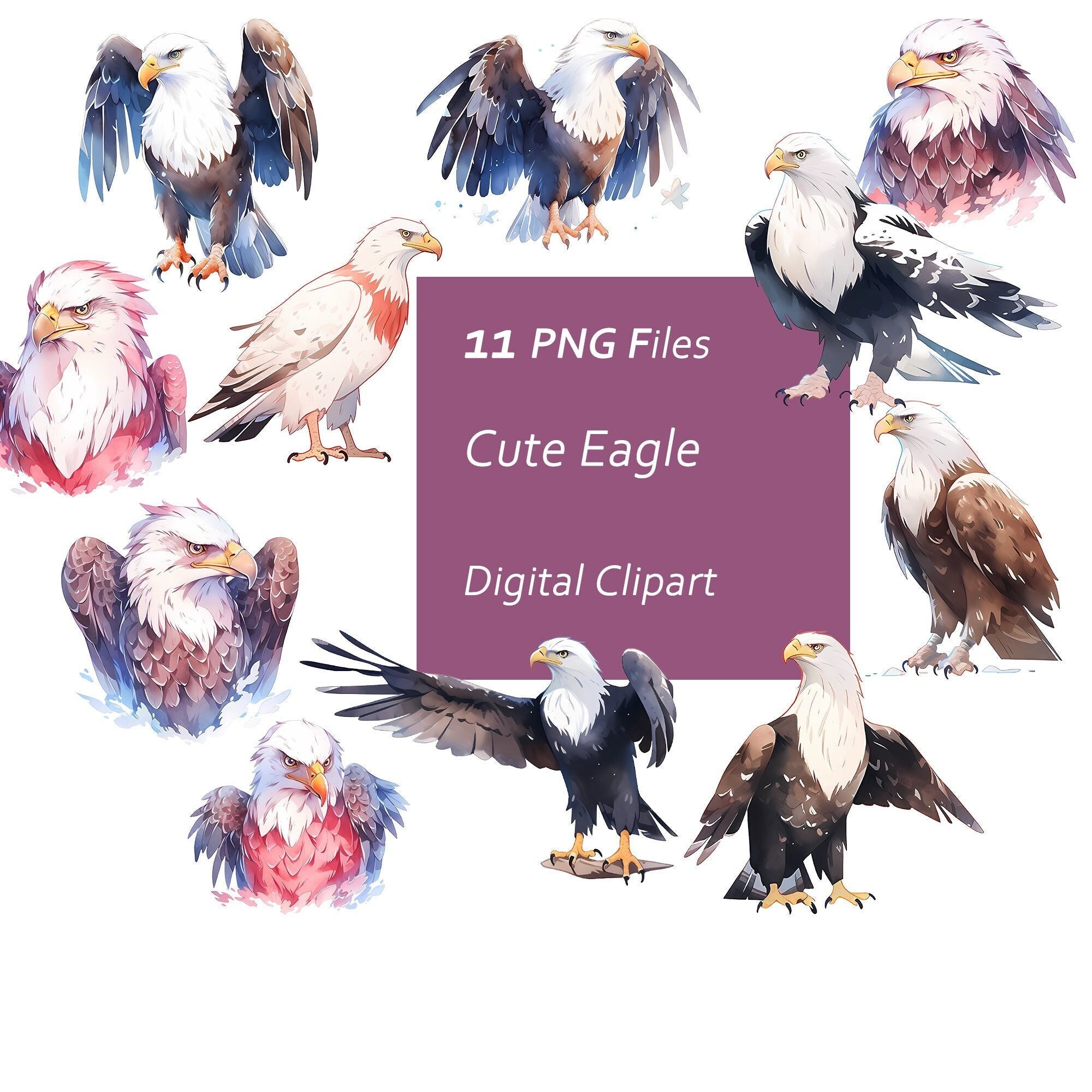Cute Eagle Clipart Set – Whimsical Cartoon Bird (PNG, Digital Download ...