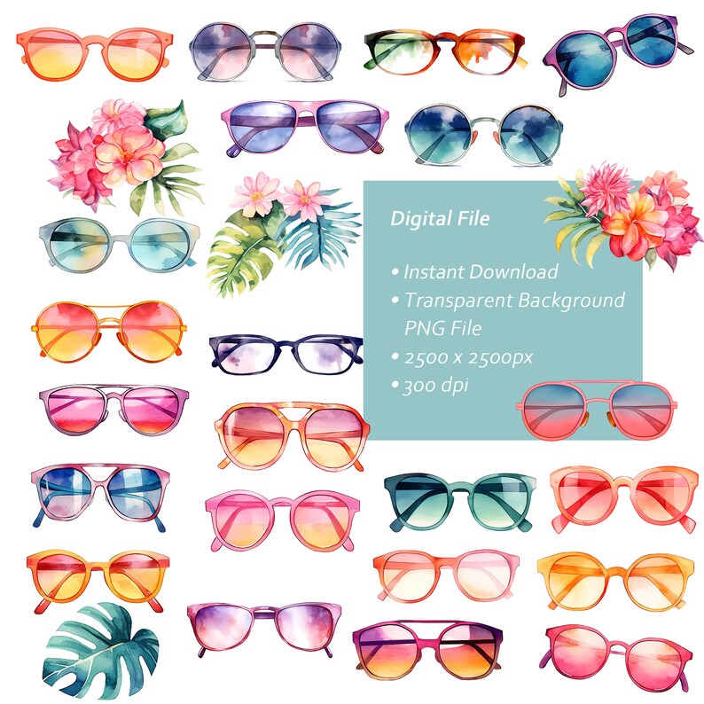 Watercolor Sunglasses Clipart Set - Summer Vibes - Colorful Sunglasses ...