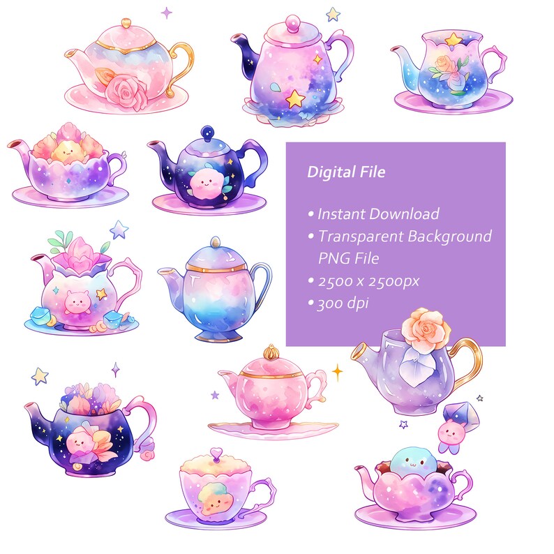 Kawaii Galaxy Tea Party Clipart Set - Whimsical Tea Cups - Instant ...