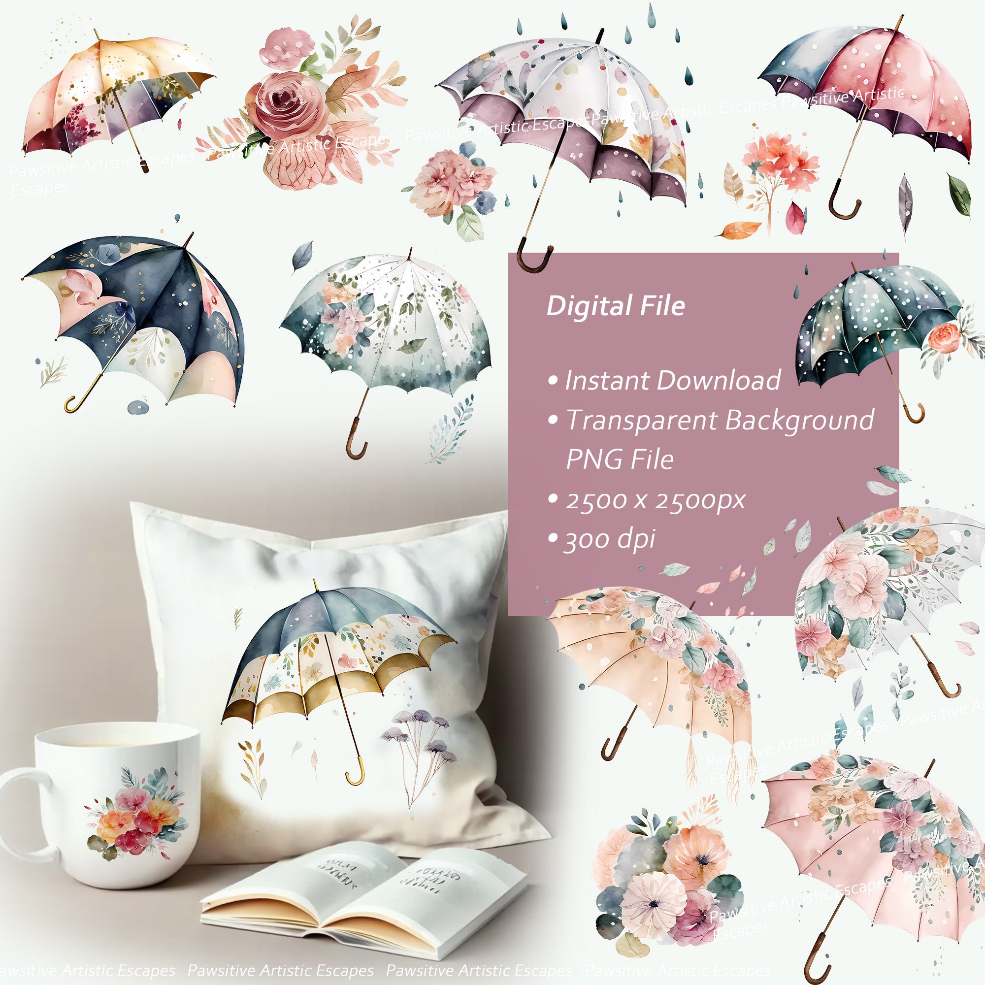 Watercolor Umbrellas Clipart Set - Rainy Day - Umbrella Patterns ...