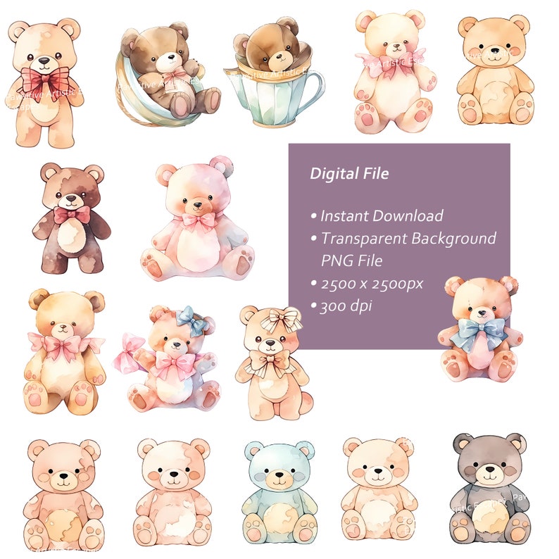Watercolor Teddy Bear Clipart Set – 16 PNG Files (digital Download) - Etsy