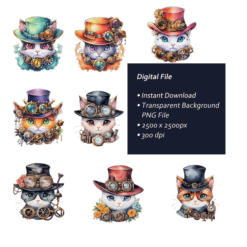 Steampunk Cats Clipart Set - Whimsical Felines - Clockwork Cats ...