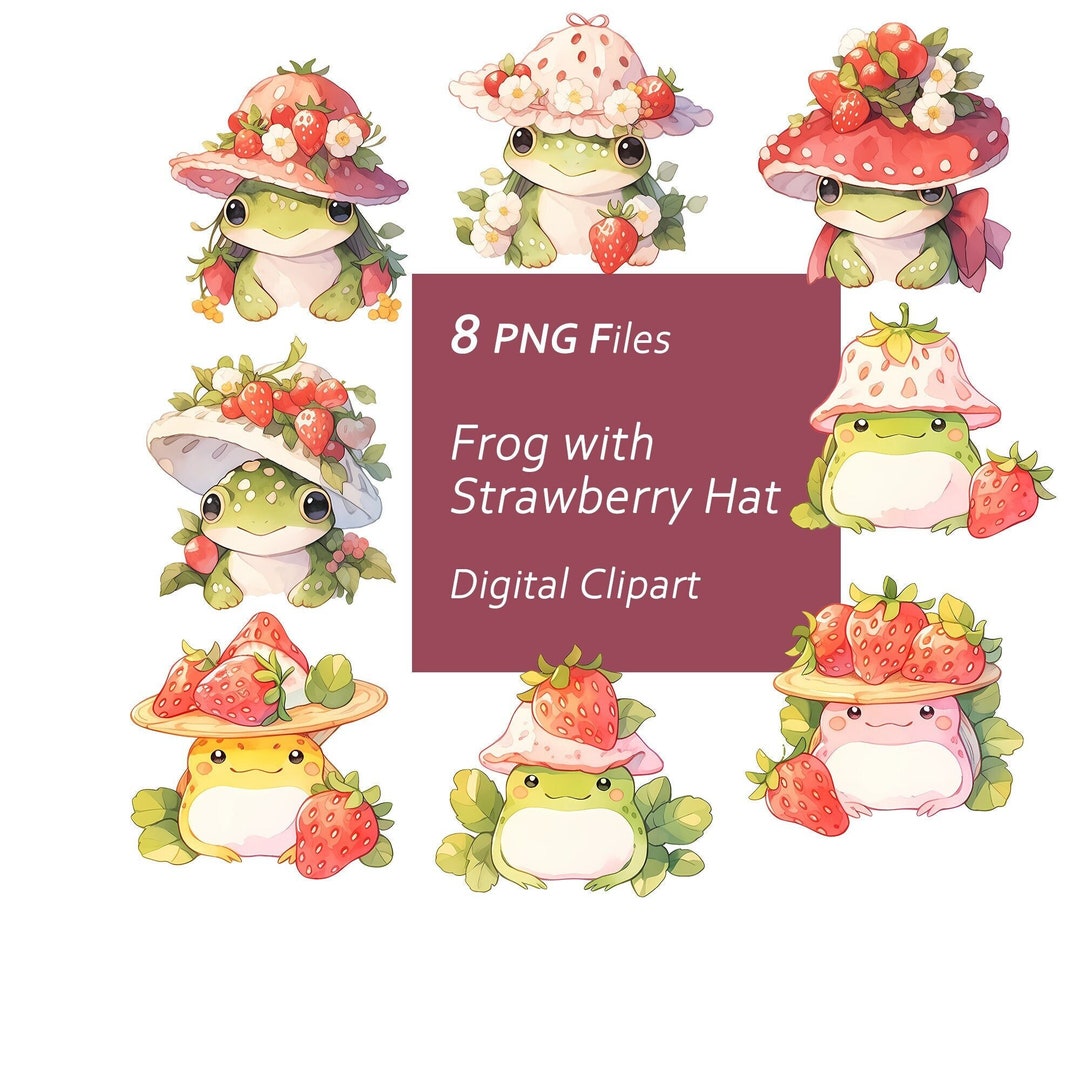 Frog With Strawberry Hat Clipart Set - Whimsical Frog - Frog and Fruit ...