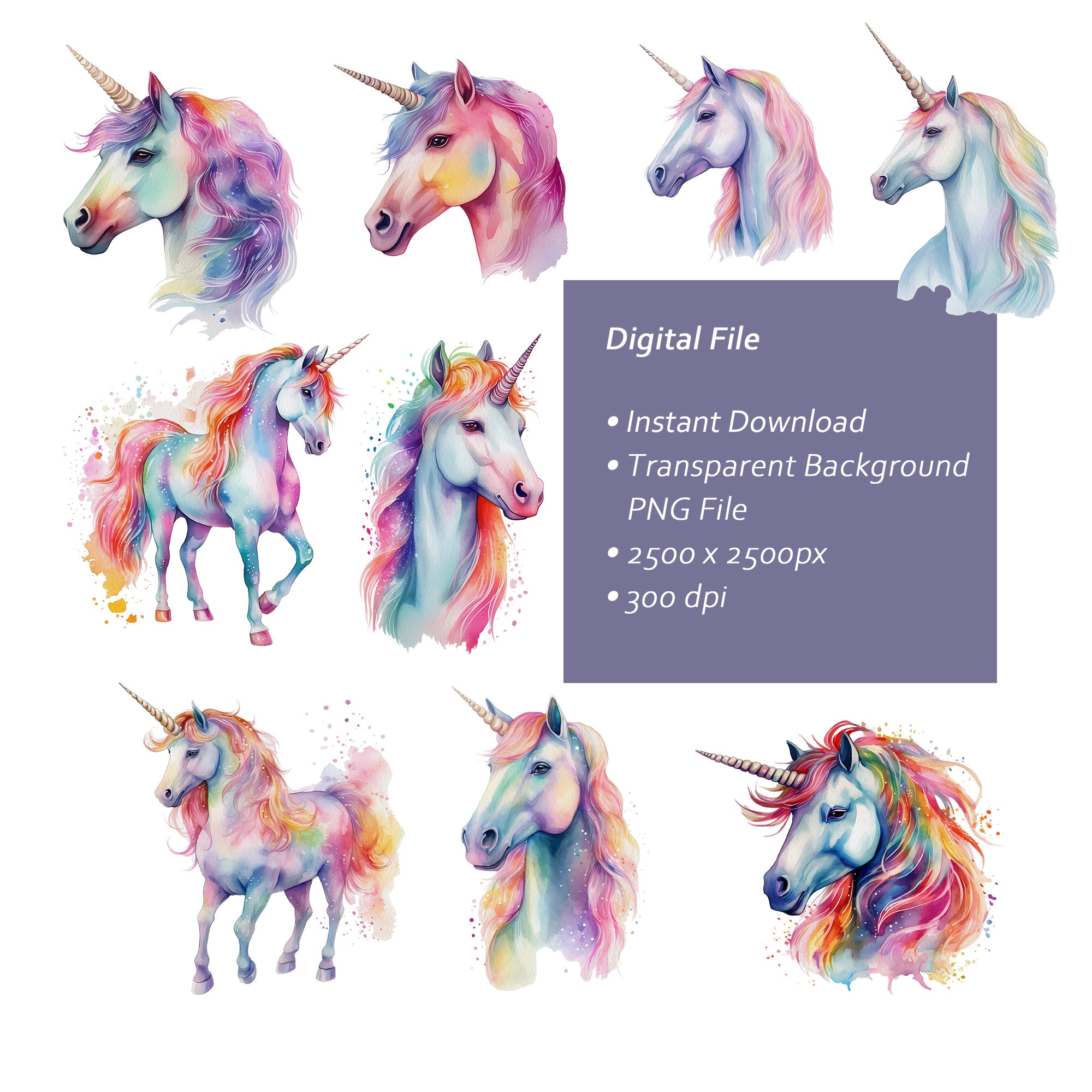 Rainbow Unicorn Clipart Set - Unicorn Graphics - Whimsical Unicorn ...